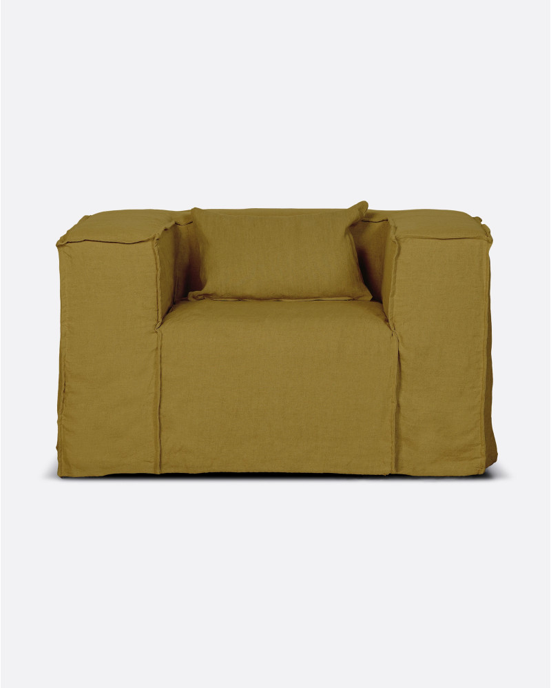 STROZZI 1-seater sofa with linen cover 120 x 95 x 65 cm in mustard colour